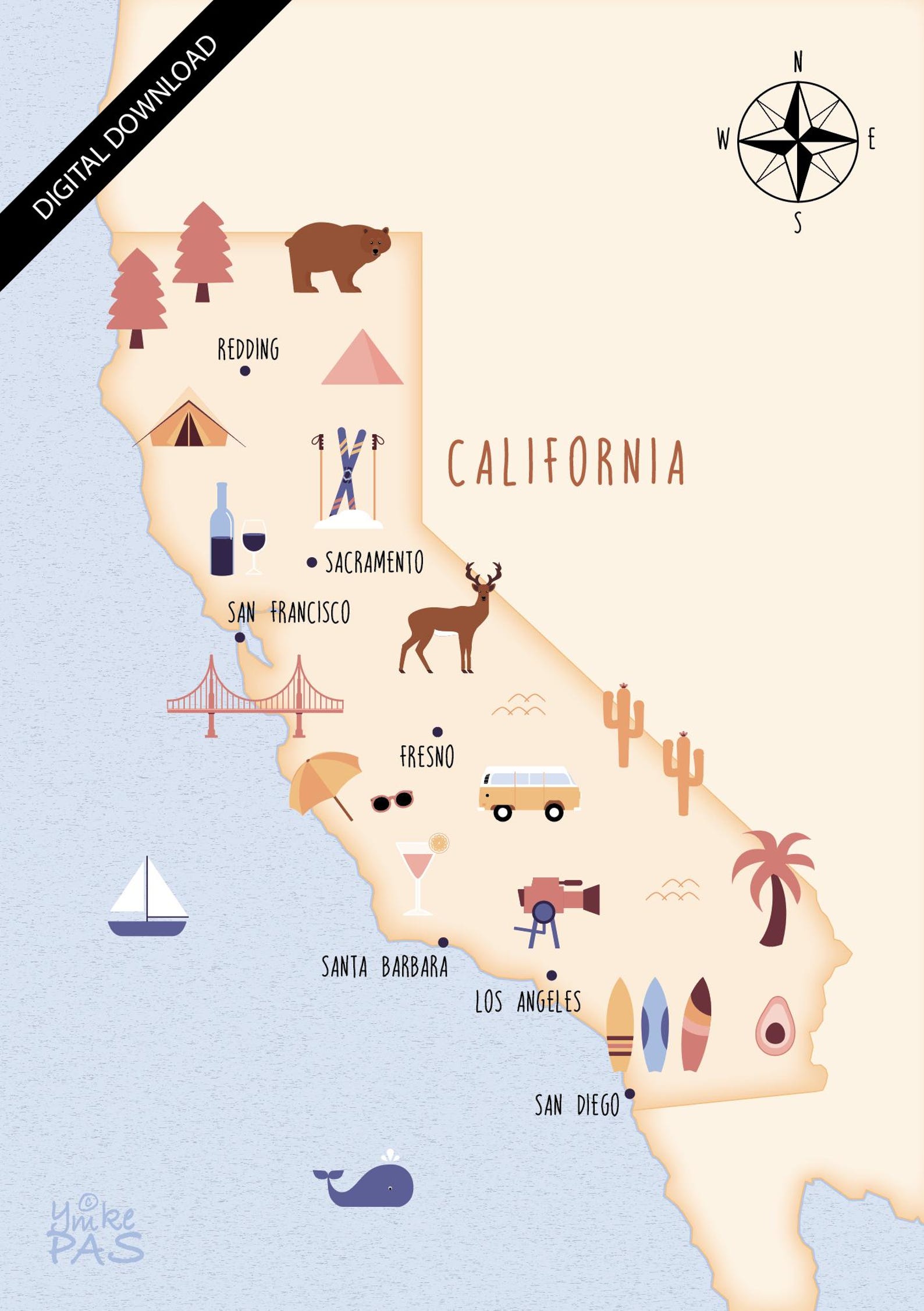 Illustrated Map of California Art Print Poster Travel Map Digital ...