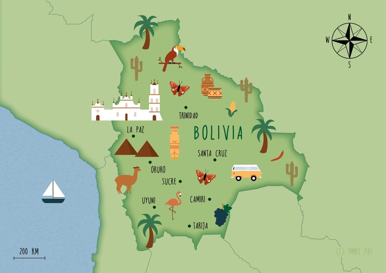 Illustrated Map of Bolivia Art Print Poster Travel Map Digital Download ...