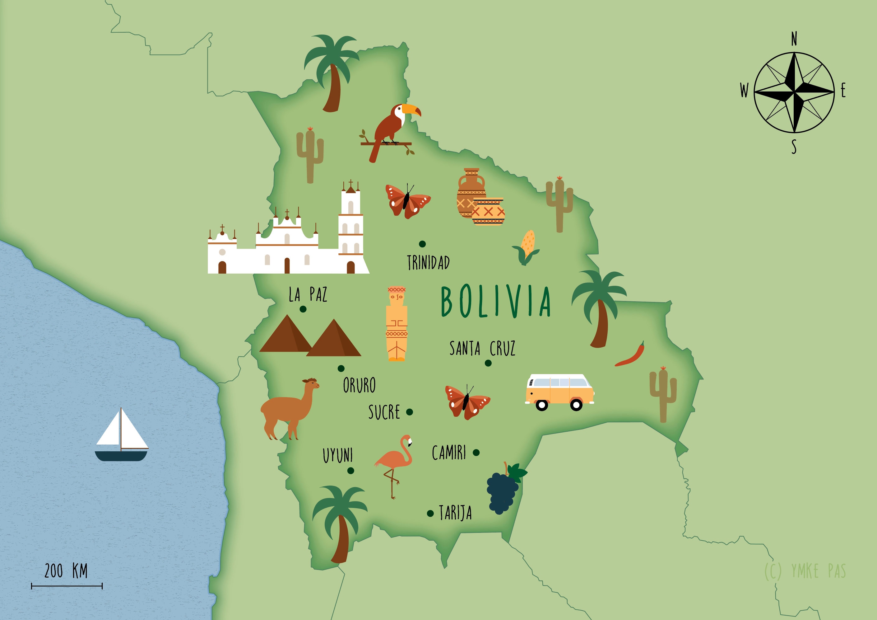 Illustrated Map of Bolivia Art Print Poster Travel Map Digital Download ...
