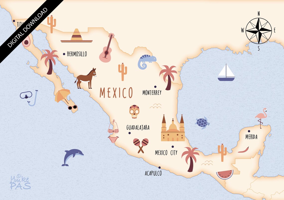 Illustrated Map of Mexico Art Print Poster Travel Map Digital Download ...