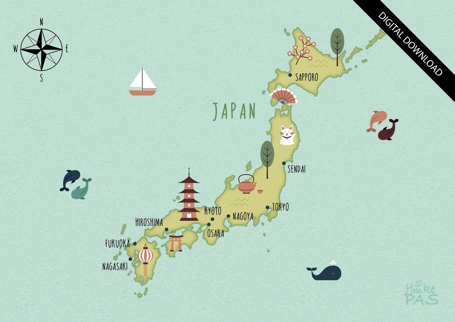 Illustrated Map of Japan Art Print Poster Travel Map Digital Download ...