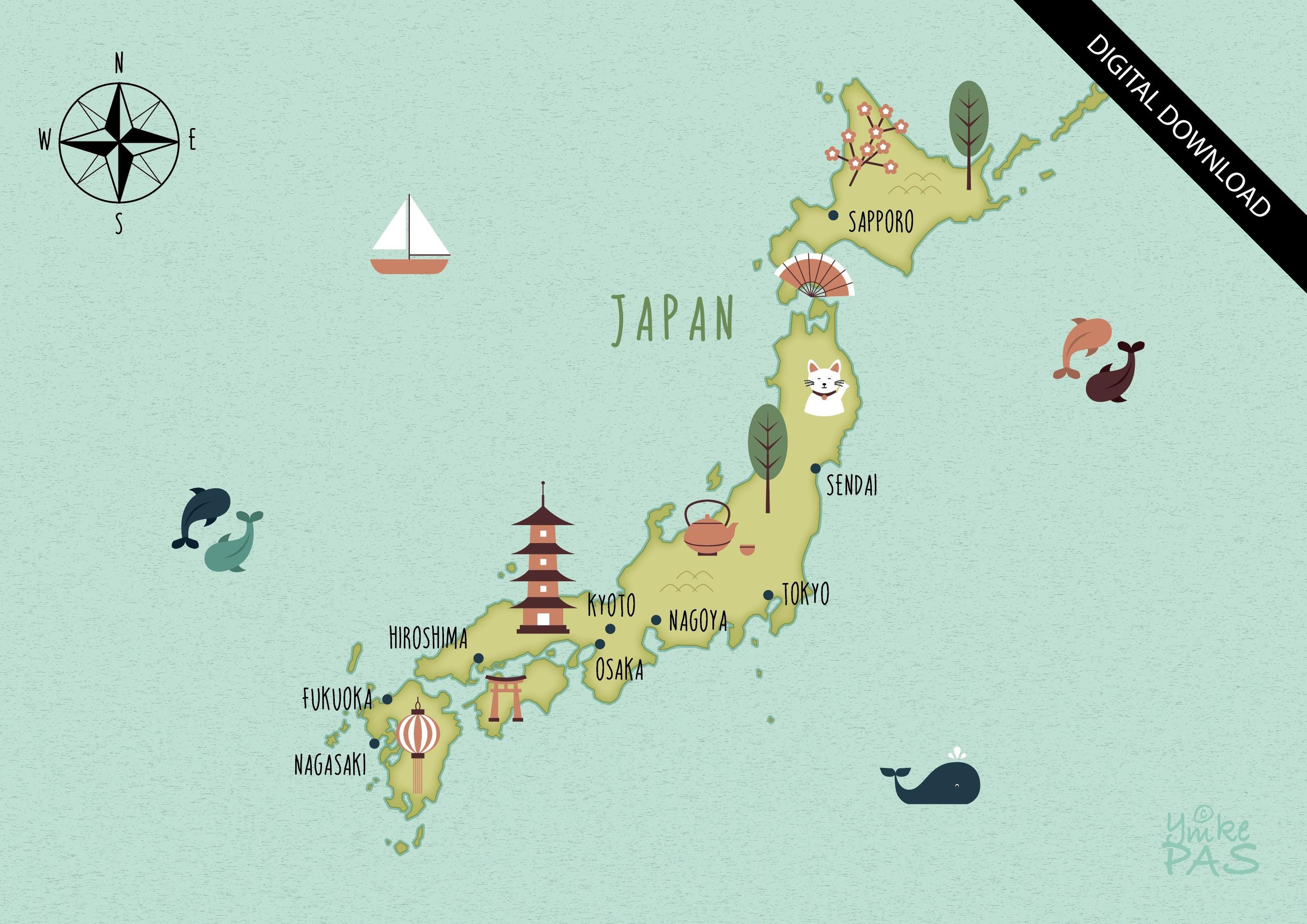 Illustrated Map of Japan Art Print Poster Travel Map Digital Download ...