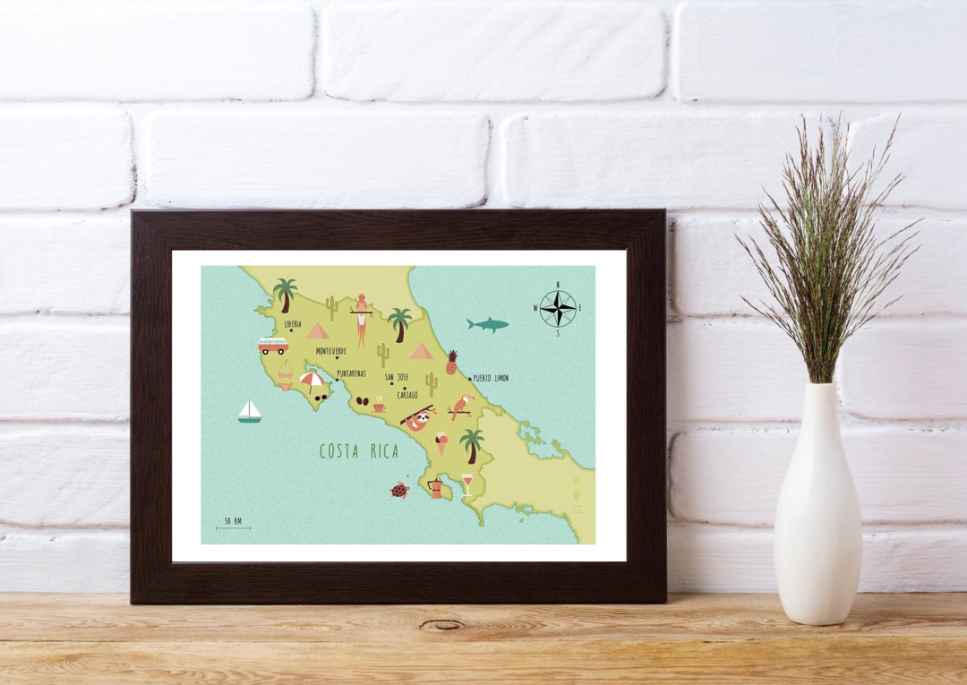 Illustrated Map of Costa Rica Art Print Poster Travel Map Digital ...