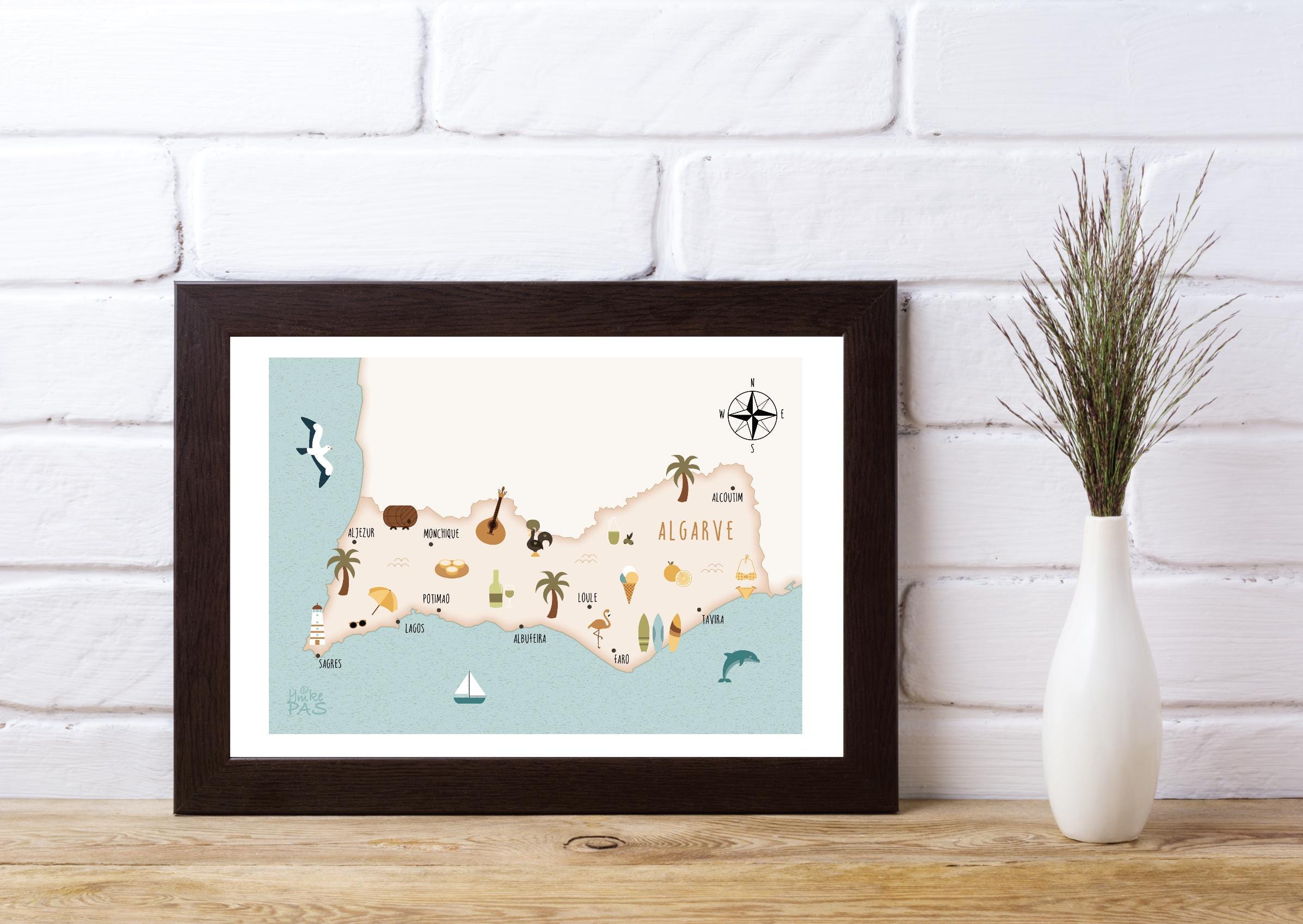 Illustrated Map of Algarve Art Print Poster Travel Map Digital Download ...