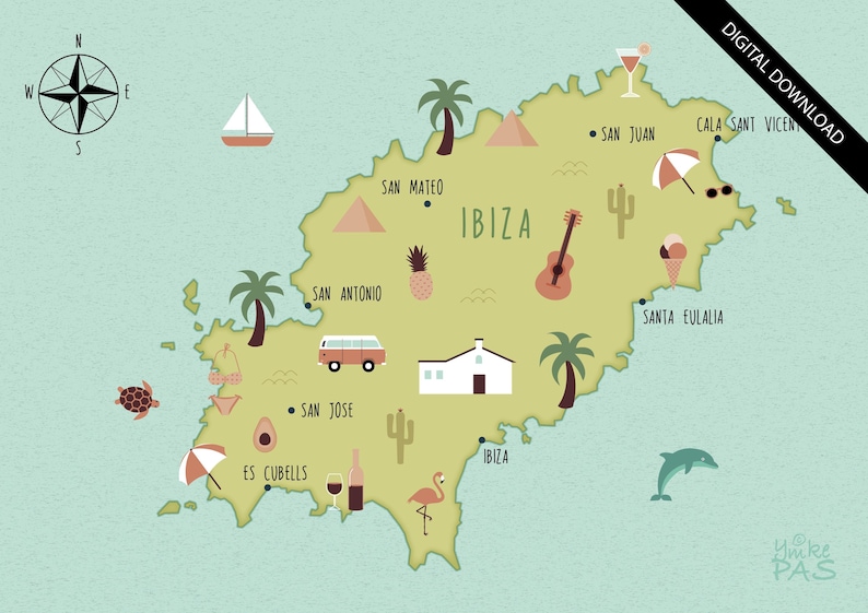 Illustrated Map of Ibiza Art Print Poster Travel Map Digital Download ...