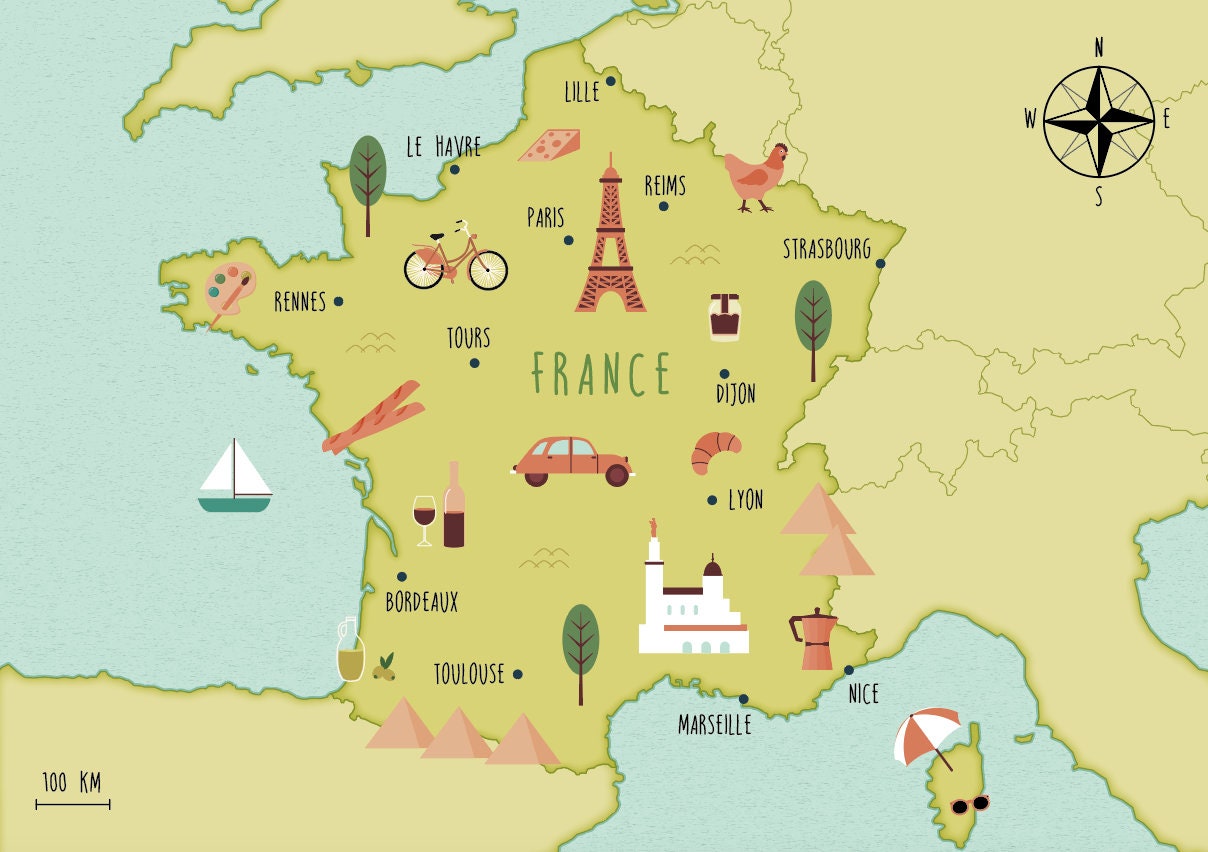Illustrated Map of France Art Print Poster Travel Map Digital - Etsy