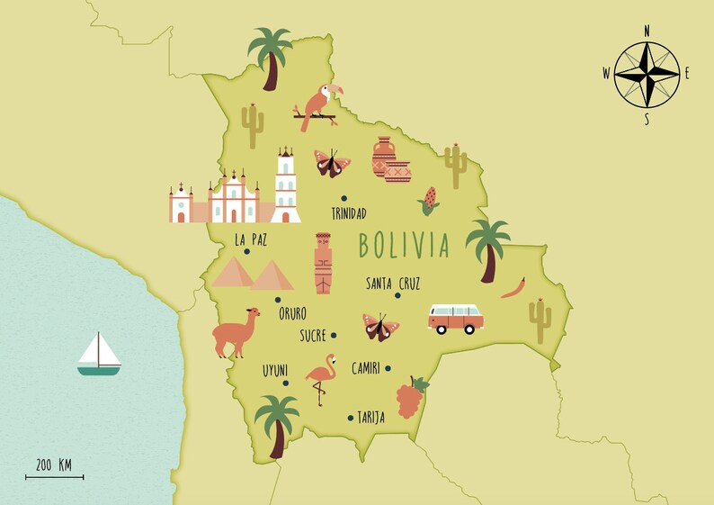 Illustrated Map of Bolivia Art Print Poster Travel Map Digital - Etsy