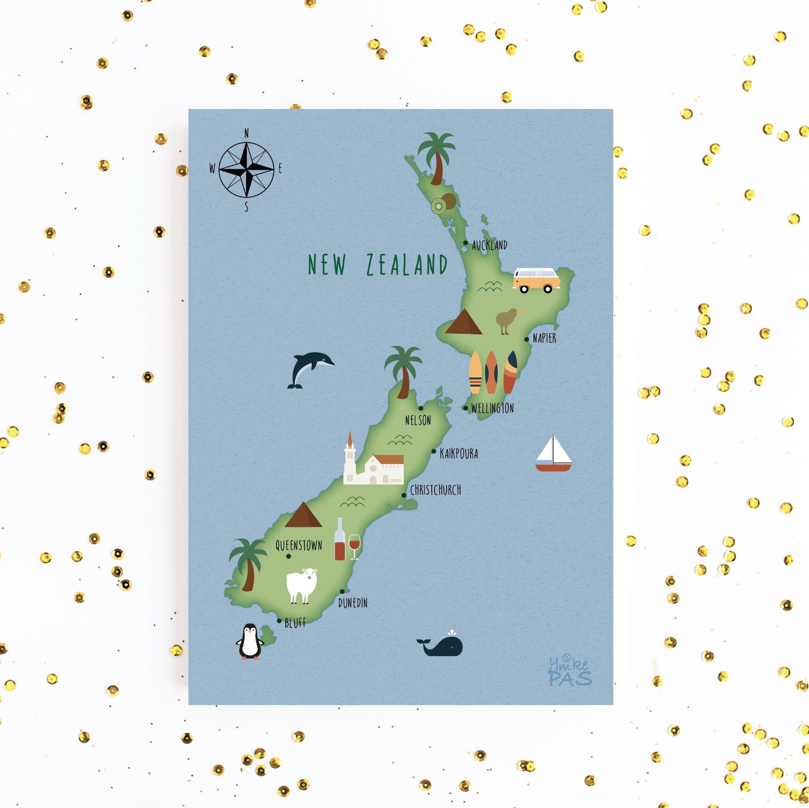 New Zealand Postcard, Pack of 5 Postcards A6, Illustrated Map of New ...