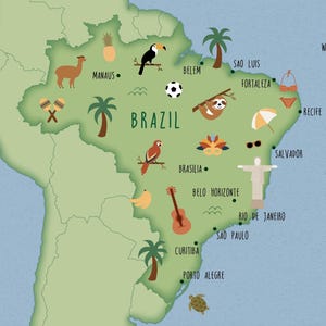 Illustrated Map of Brazil Art Print Poster Travel Map Digital Download ...
