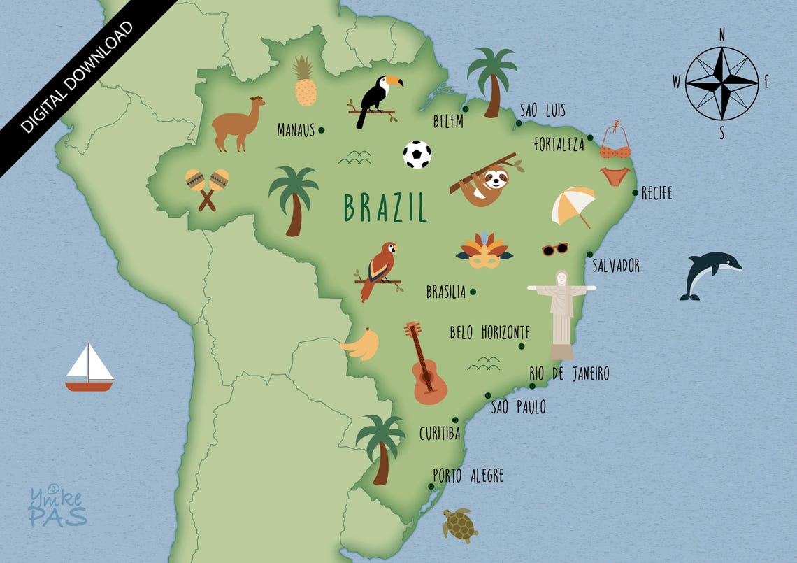 Illustrated Map of Brazil Art Print Poster Travel Map Digital Download ...