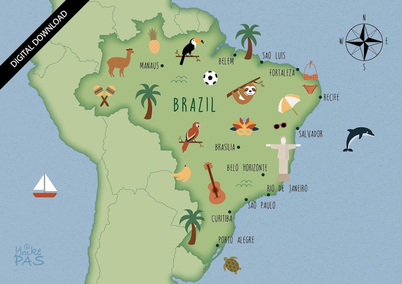 Illustrated Map of Brazil Art Print Poster Travel Map Digital Download ...