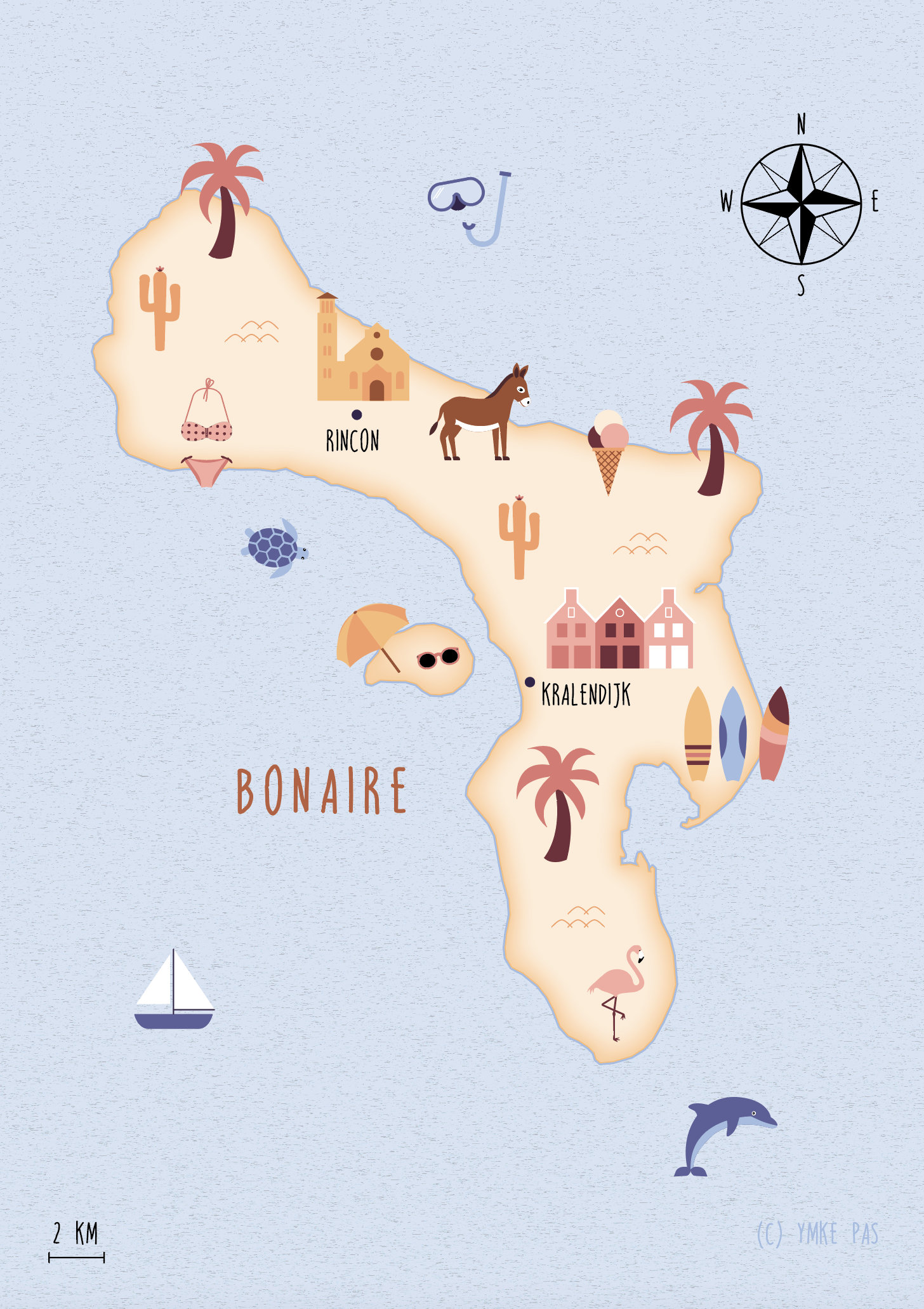 Illustrated Map of Bonaire Art Print Poster Travel Map Digital Download ...
