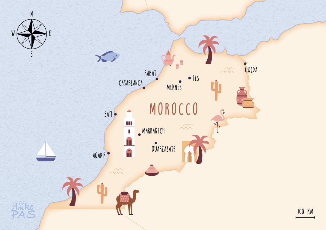 Illustrated Map of Morocco Art Print Poster Travel Map Digital Download ...