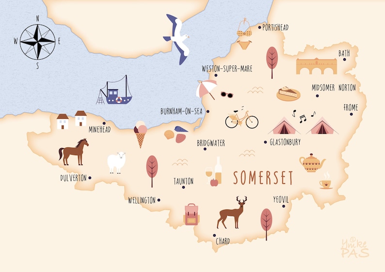 Illustrated Map of Somerset Art Print Poster Travel Map - Etsy UK