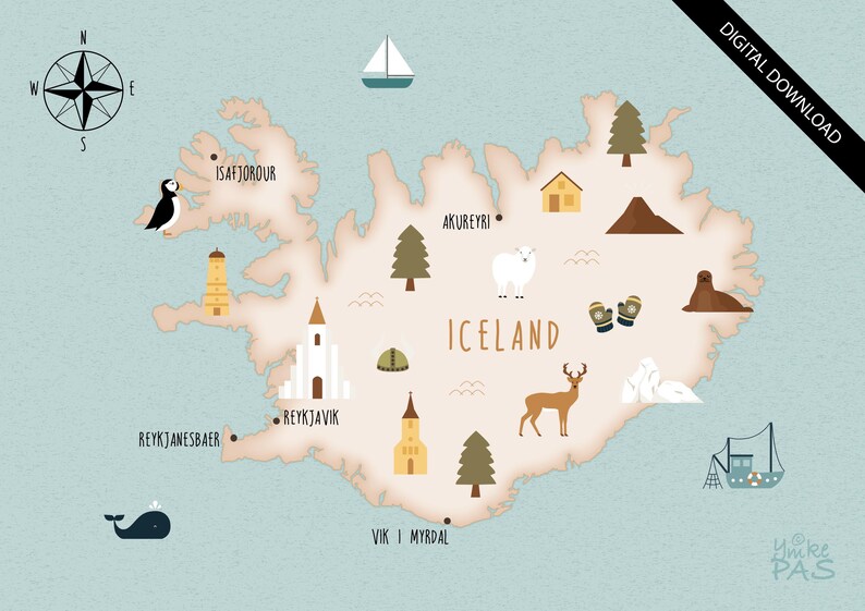 Illustrated Map of Iceland Art Print Poster Travel Map Digital Download ...