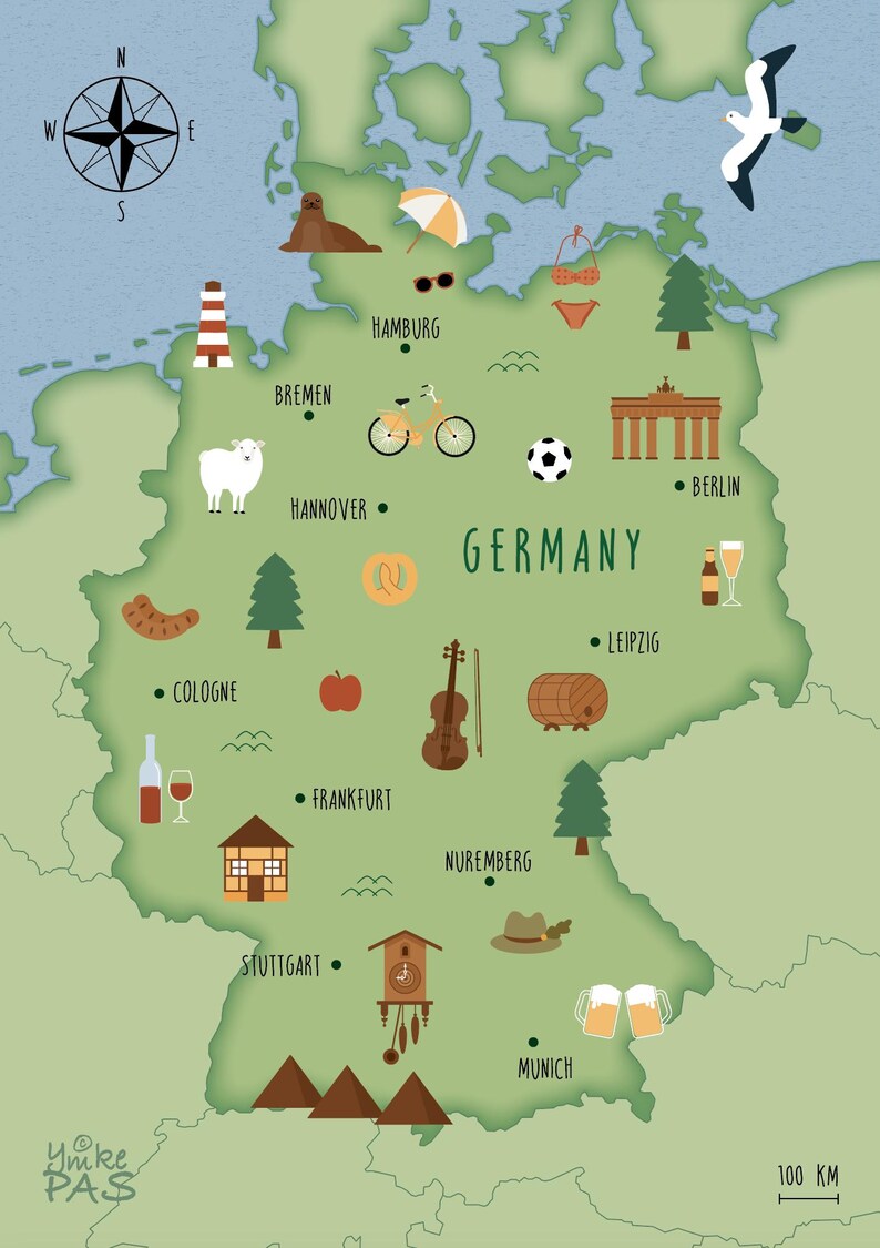 Illustrated Map of Germany Art Print Poster Travel Map Digital Download ...