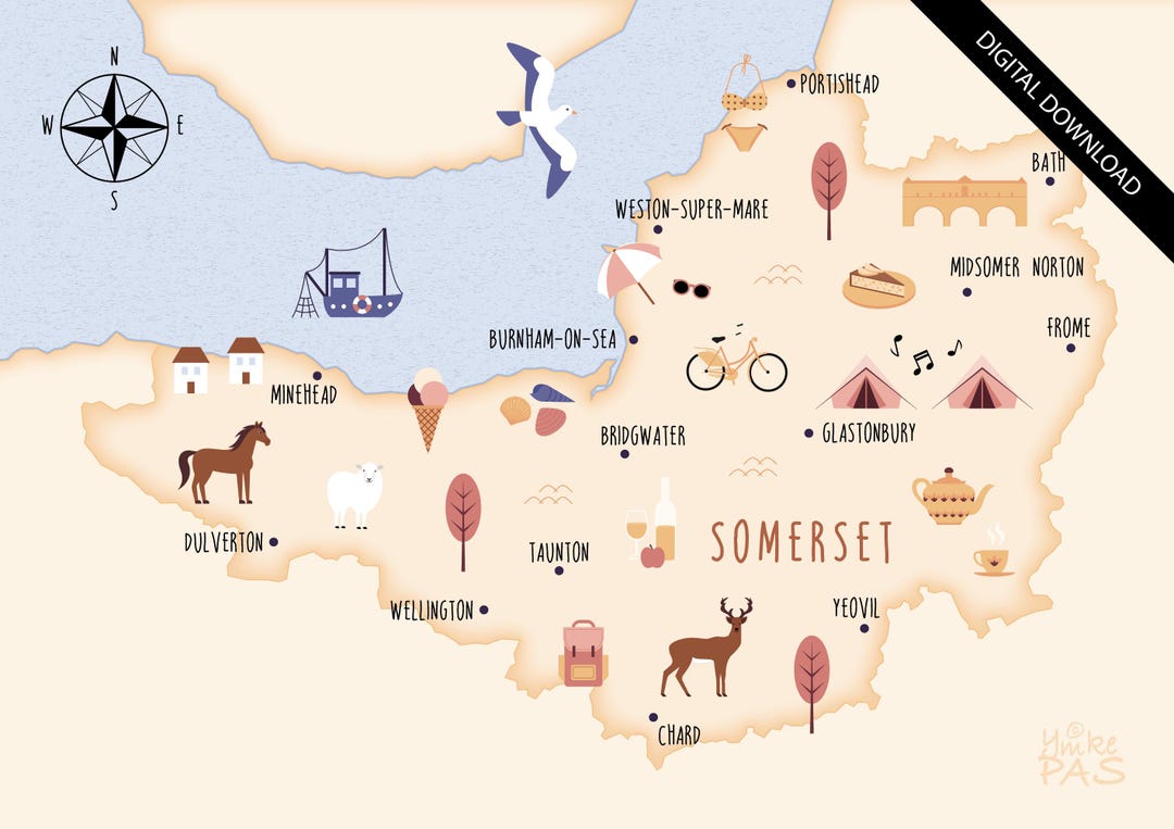Illustrated Map of Somerset Art Print Poster Travel Map Digital ...