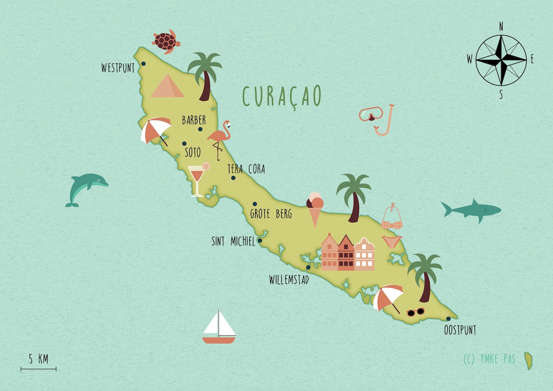 Illustrated Map of Curacao Art Print Poster Travel Map Digital Download ...