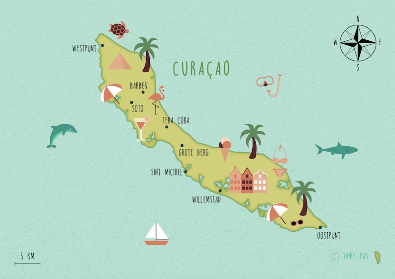 Illustrated Map of Curacao Art Print Poster Travel Map Digital Download ...