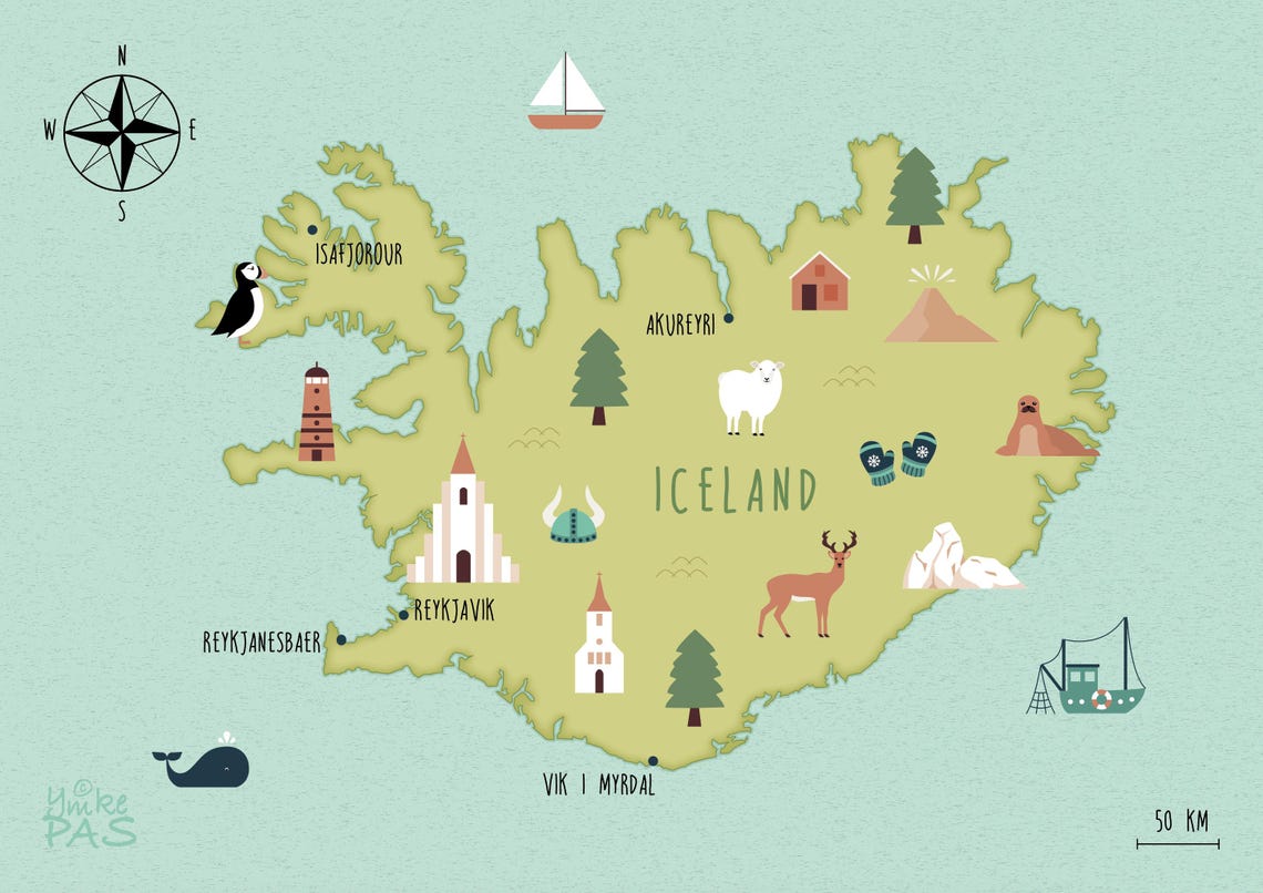 Illustrated Map of Iceland Art Print Poster Travel Map Digital Download ...