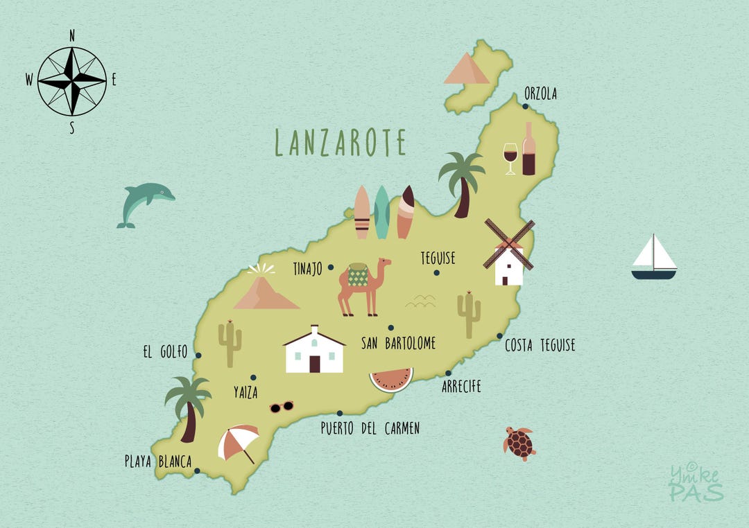 Illustrated Map of Lanzarote Art Print Poster Travel Map - Etsy UK