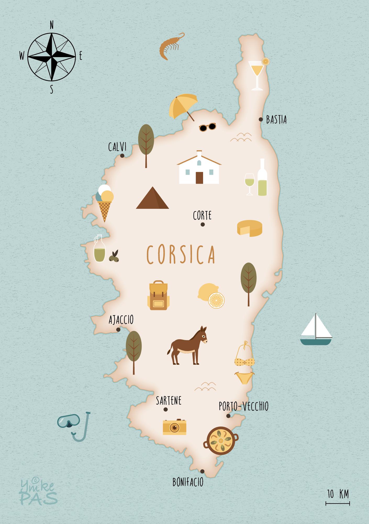 Illustrated Map of Corsica Art Print Poster Travel Map Digital Download ...