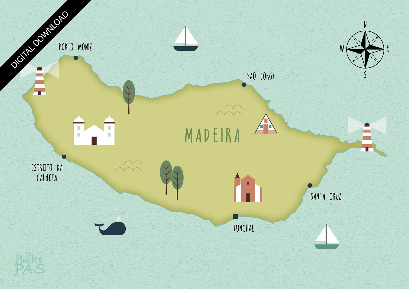 Illustrated Map of Madeira Art Print Poster Travel Map Digital Download ...