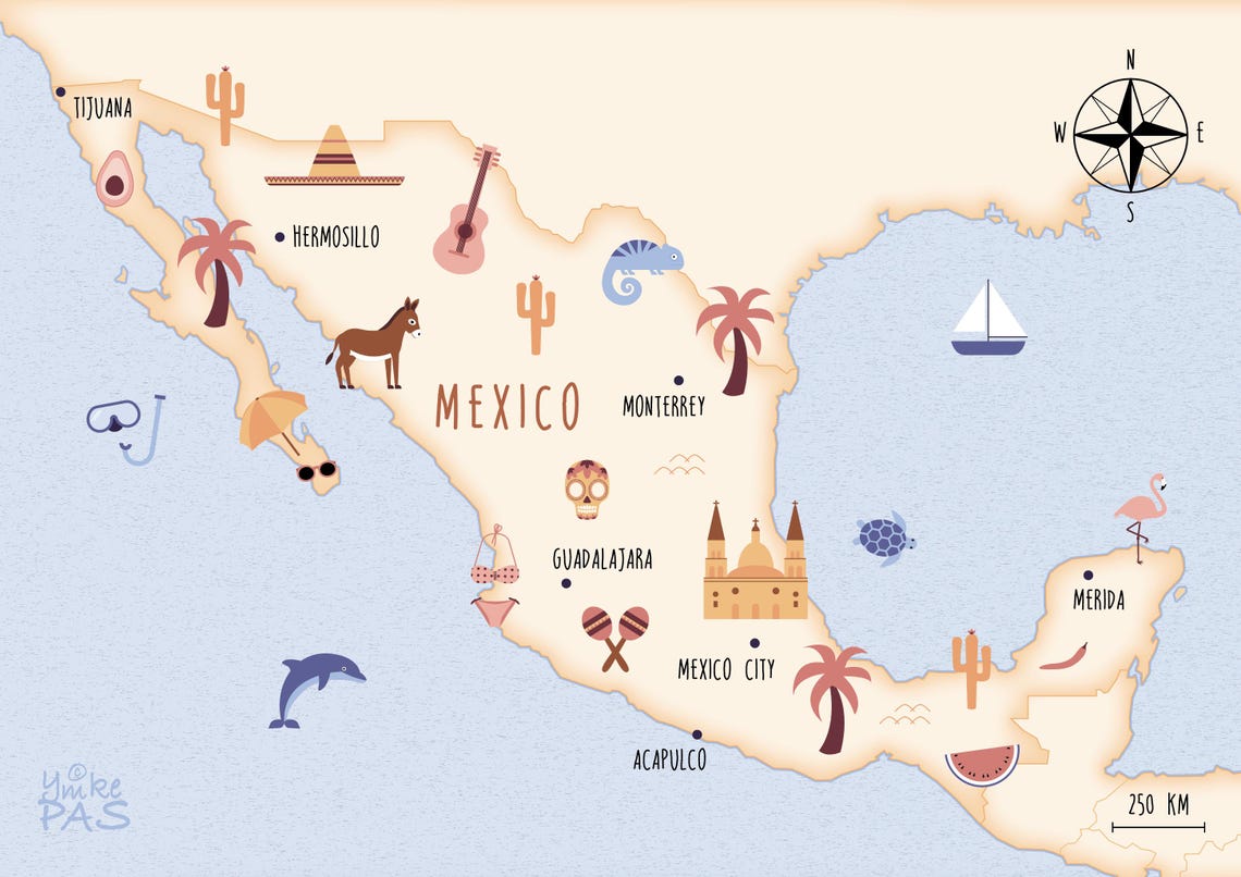 Illustrated Map of Mexico Art Print Poster Travel Map Digital Download ...