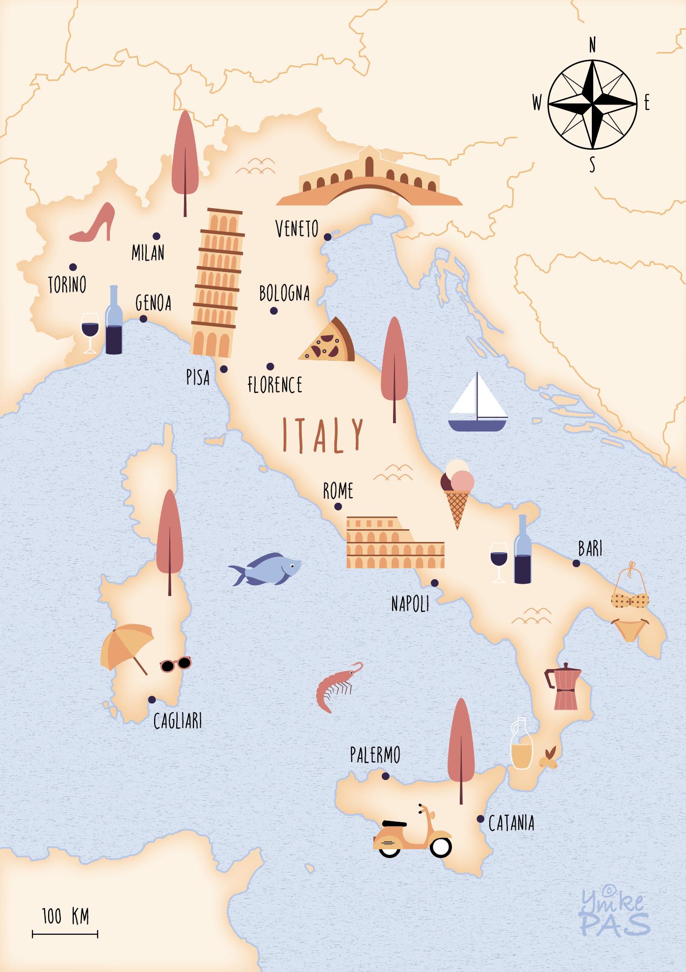 Illustrated Map of Italy Art Print Poster Travel Map Digital Download ...