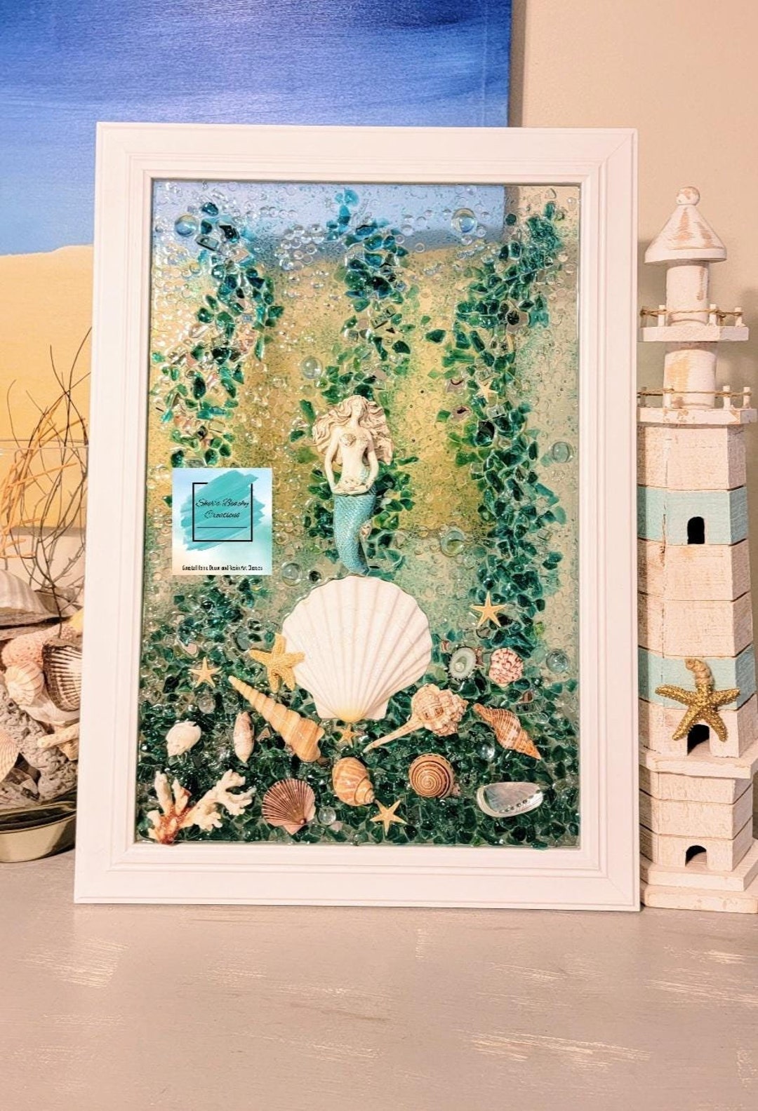 Mermaid Shell Art, Resin, Beach Decor, Coastal, Nautical, Glass Art ...
