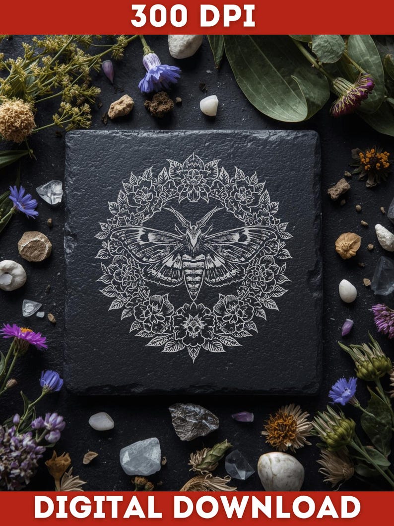 Botanical Moth Slate Engraving File | Dark Cottagecore Decor PNG ...