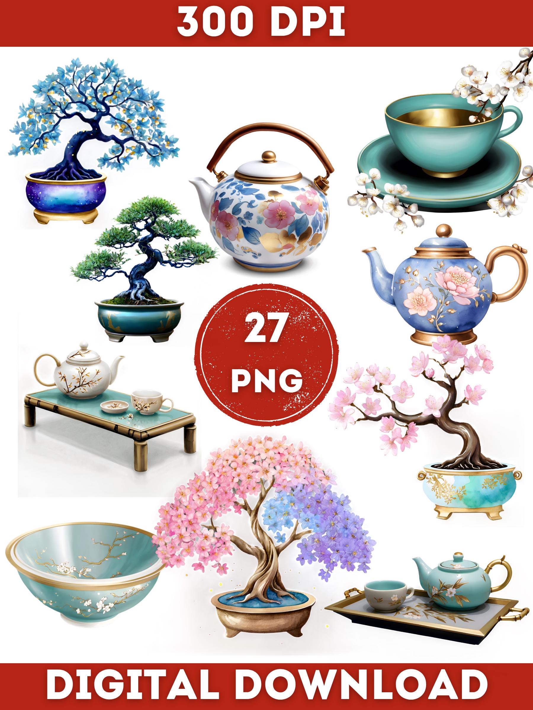 Japanese Tea Clipart Set | 27 PNG | Bonsai Trees, Teapots, Cups ...