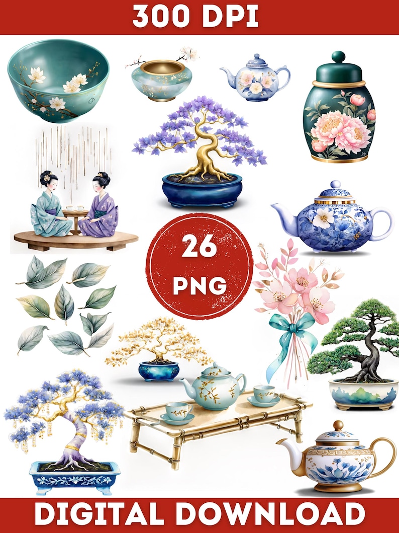 Japanese Tea Clipart Bundle | 26 PNG | Bonsai, Geisha, Teapots, Cherry ...