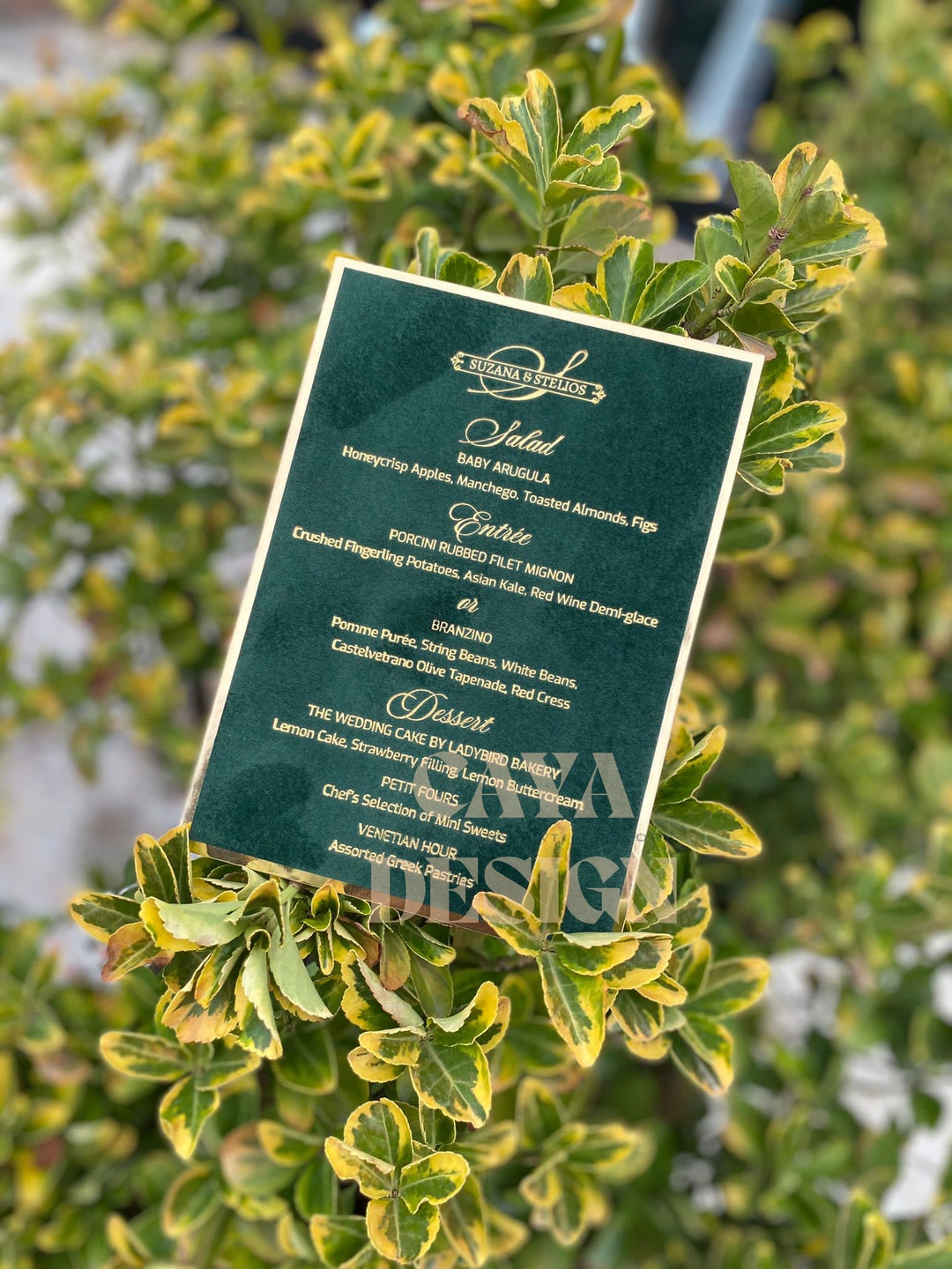 Emerald Green Velvet Wedding Menu on Golden Cardboard | Customizable ...