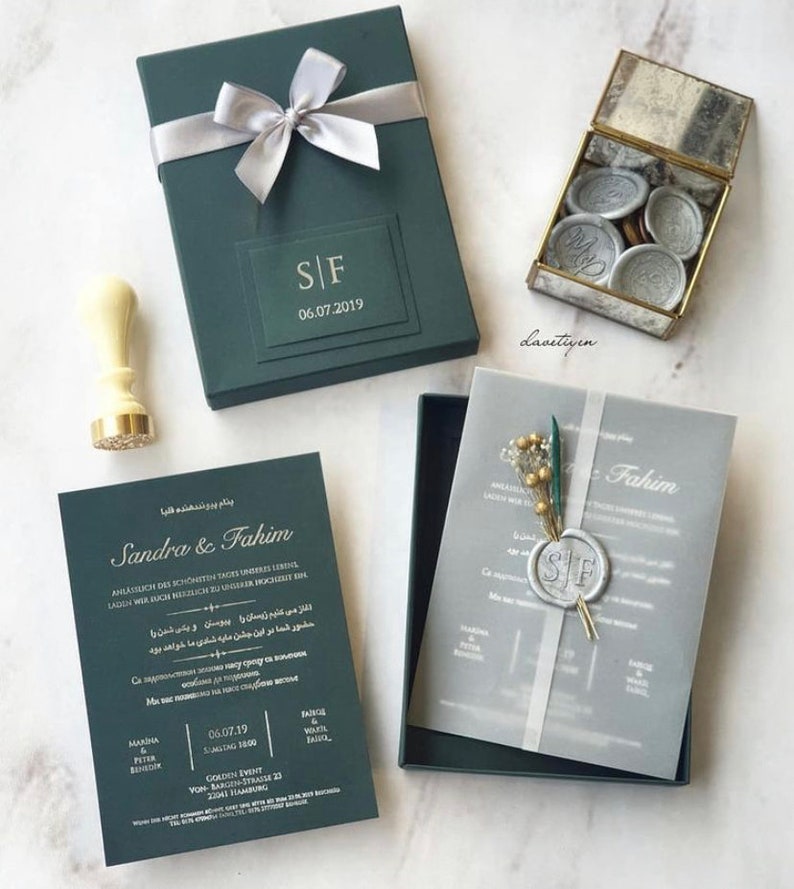 Wedding Box Set Emerald Green Box Unique Vellum Jacket | Etsy