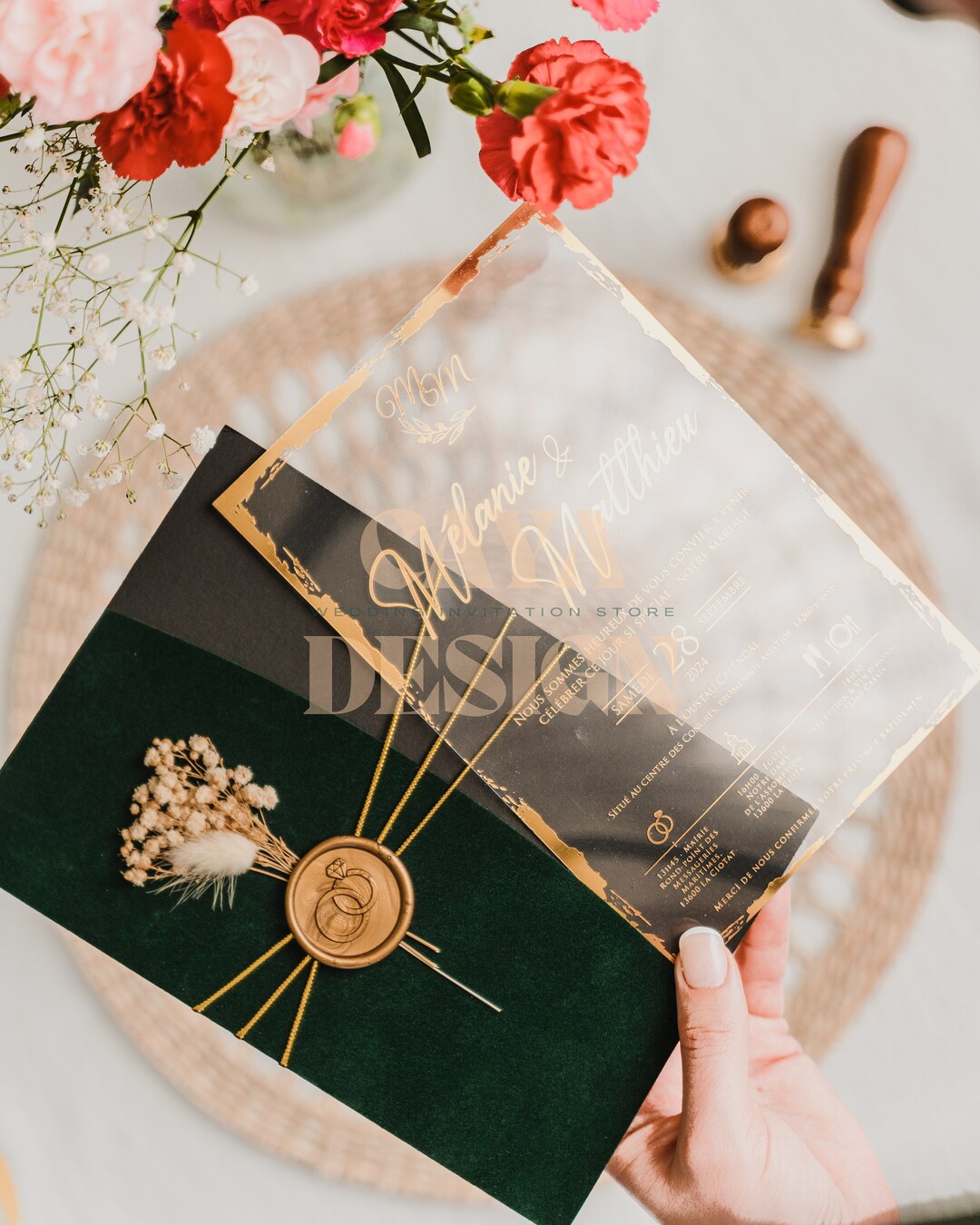 Luxury Velvet Wedding Invitation Emerald Velvet Half-fold Invitation ...