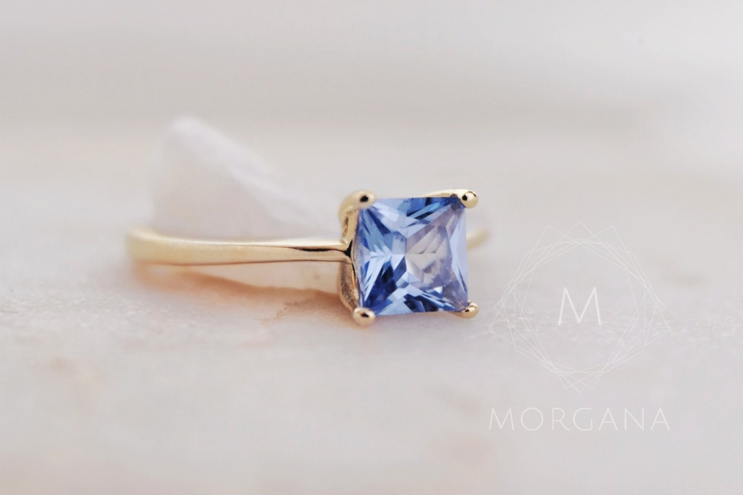 10K Gold Princess Cut Light Ceylon Blue Sapphire Ring - Etsy