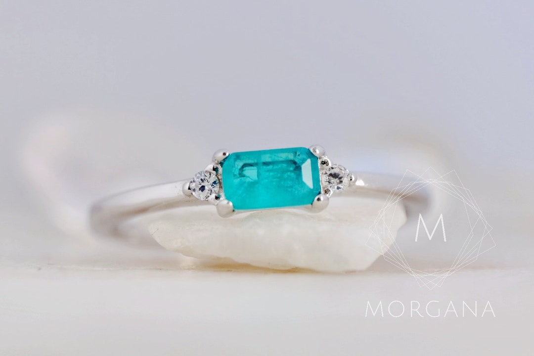 Emerald Cut Paraiba Tourmaline Tiny Horizontal Ring - Dainty Stacking Ring - Etsy