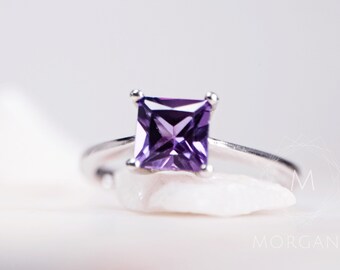 Princess-cut Amethyst Ring. Faceted Square Genuine Gemstone, Violet ...