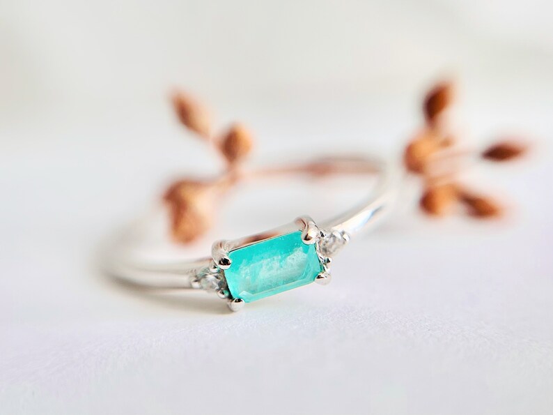 Emerald Cut Paraiba Tourmaline Tiny Horizontal Ring Dainty - Etsy