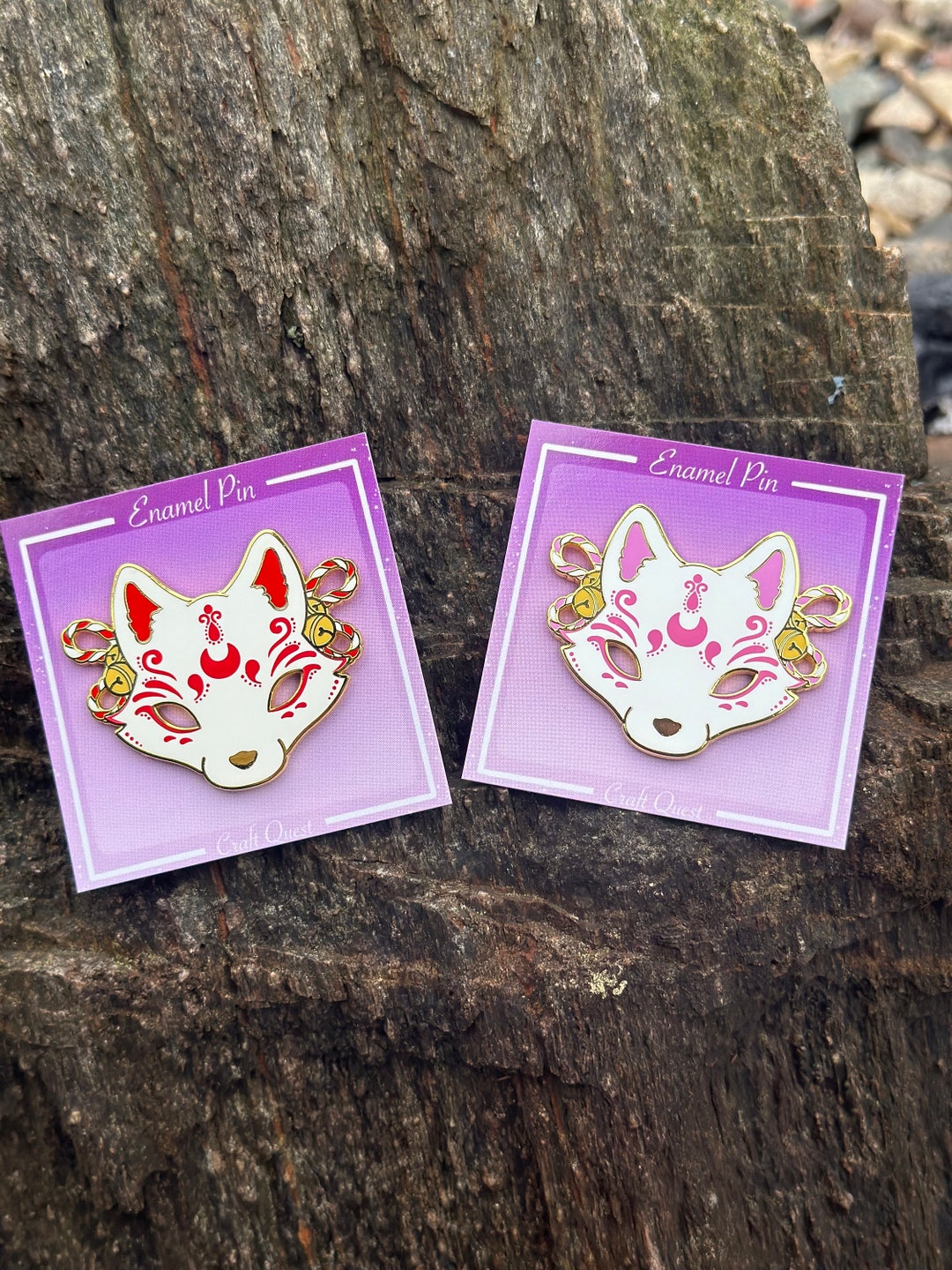 Kitsune Mask Enamel Pins (pink or Red) - Etsy