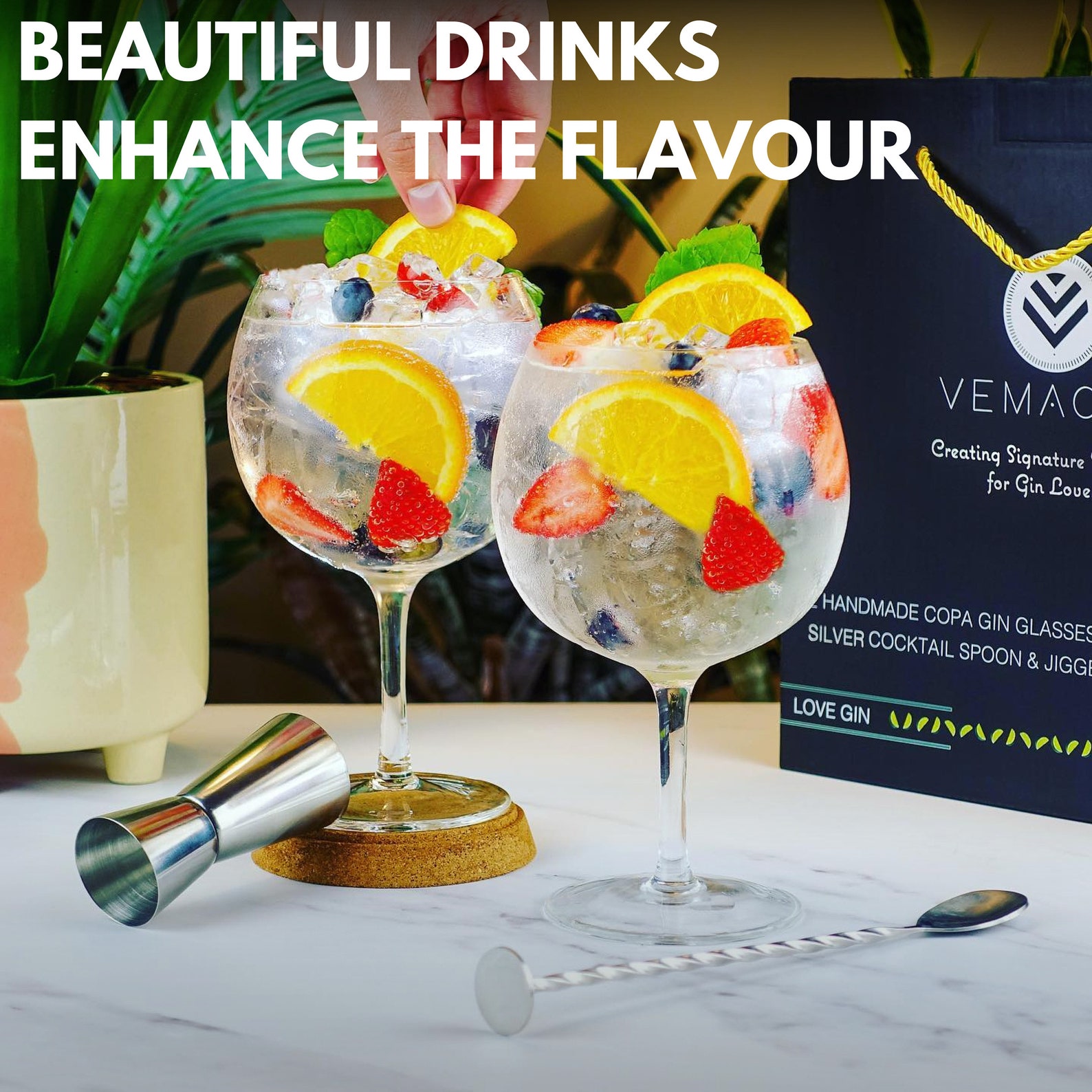 Crystal Gin Glasses Set: Balloon Goblets, Cocktail Spoon & Jigger ...