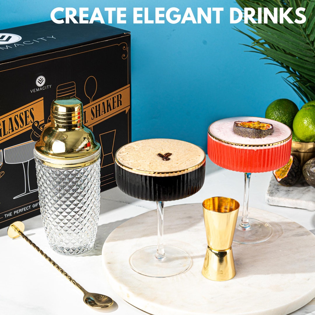 Vemacity Luxury Glass Cocktail Shaker Set + 2 Ribbed Martini Glasses ...