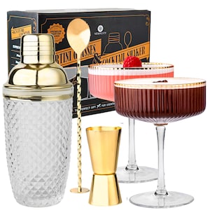 Vemacity Luxury Glass Cocktail Shaker Set + 2 Ribbed Martini Glasses ...