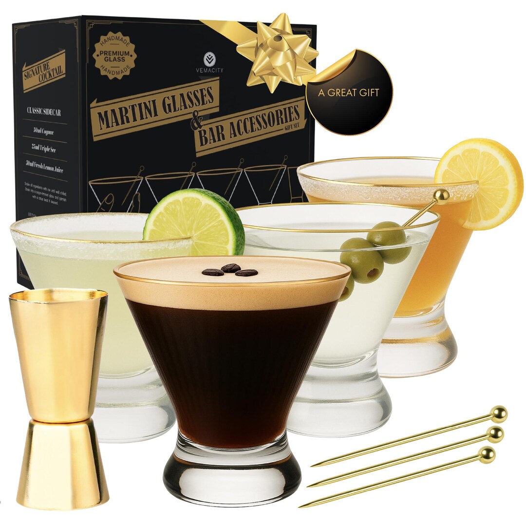 Set of 4 Gold Rim Stemless Martini Glasses Set: Cocktail Bar Tools Gift ...