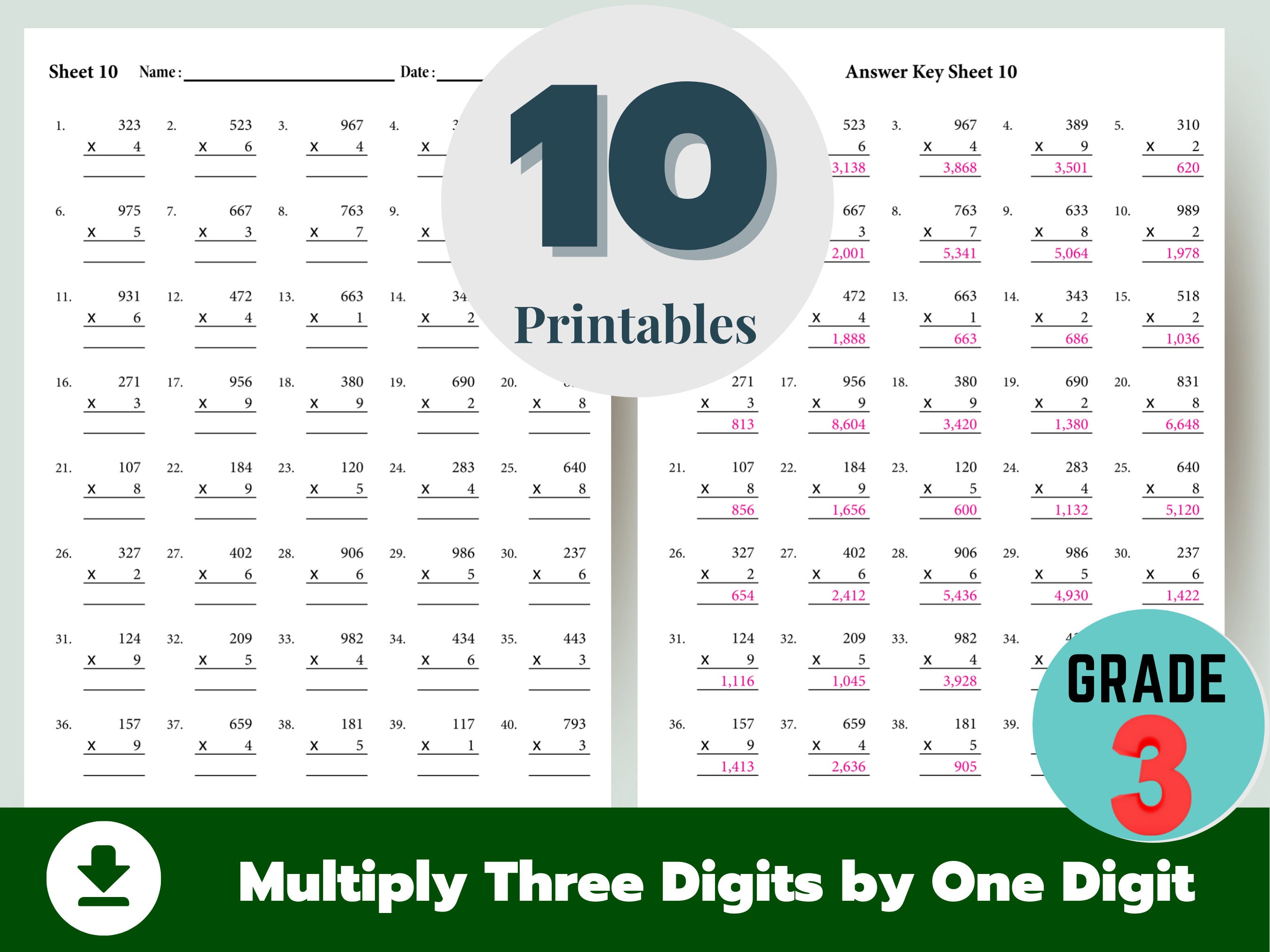 Multiplication Worksheet, Three Digits by One Digit, 3rd Grade Math, 10 ...