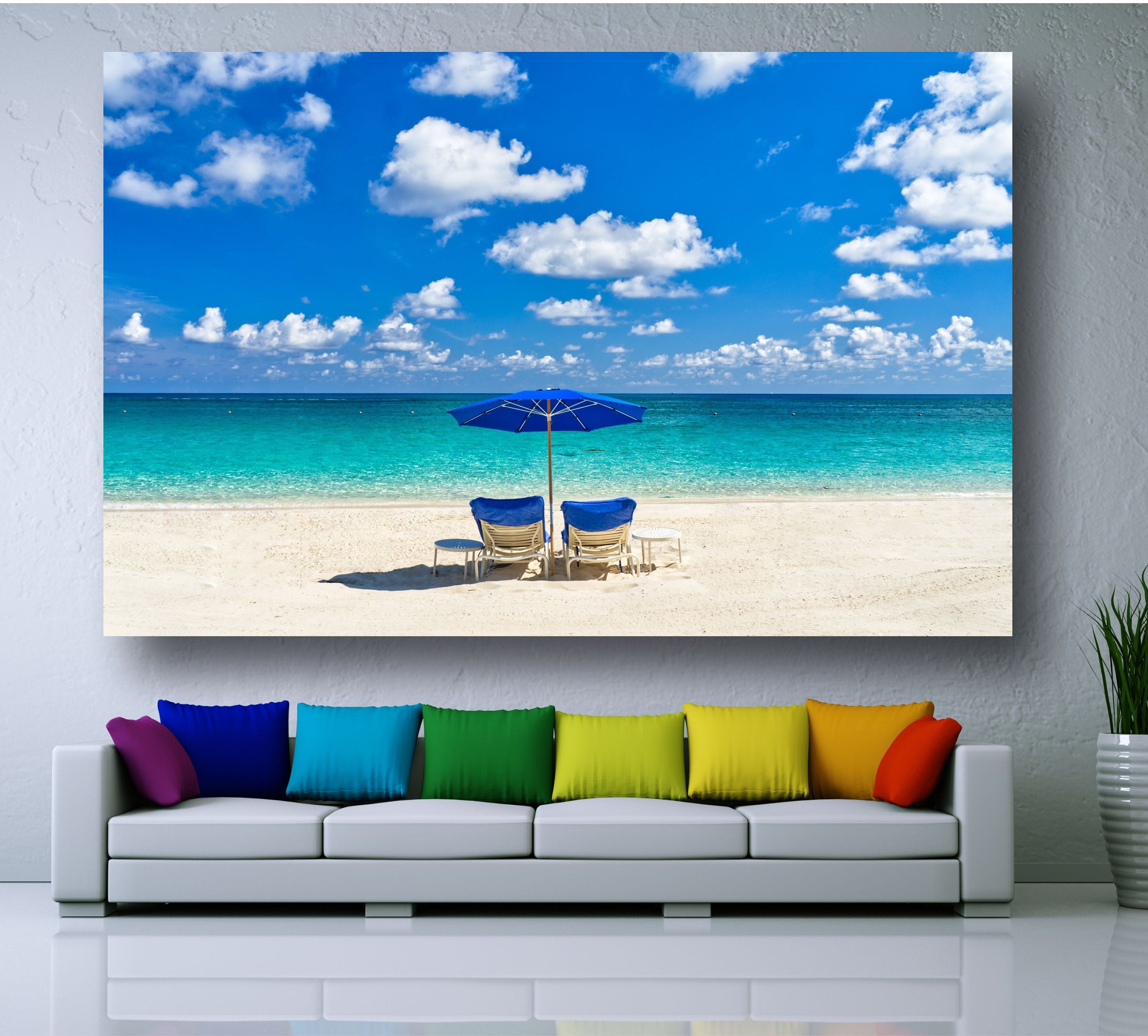 IMPRESSION DE TOILE. Bleu des Caraïbes. Les Bahamas. Paysage de plage ...