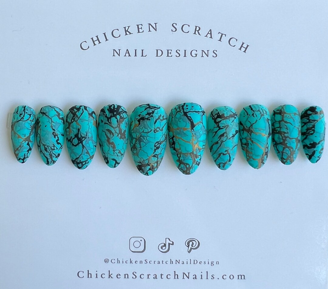 Matte Turquoise Press on Nails Teal Marble Nails Stone Nails Made to ...