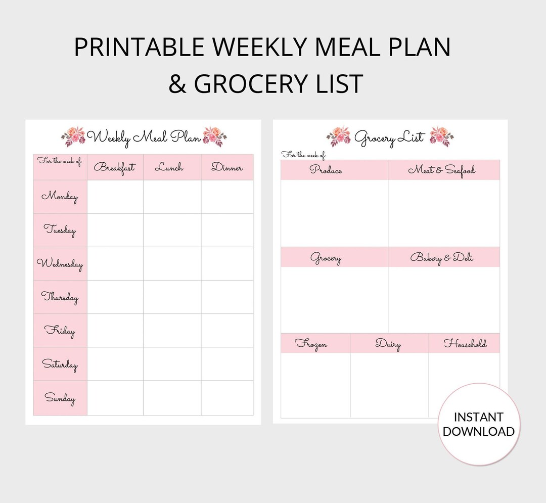 Printable Meal Plan and Grocery List 8.5x11 Weekly Meal Plan Sheet - Etsy