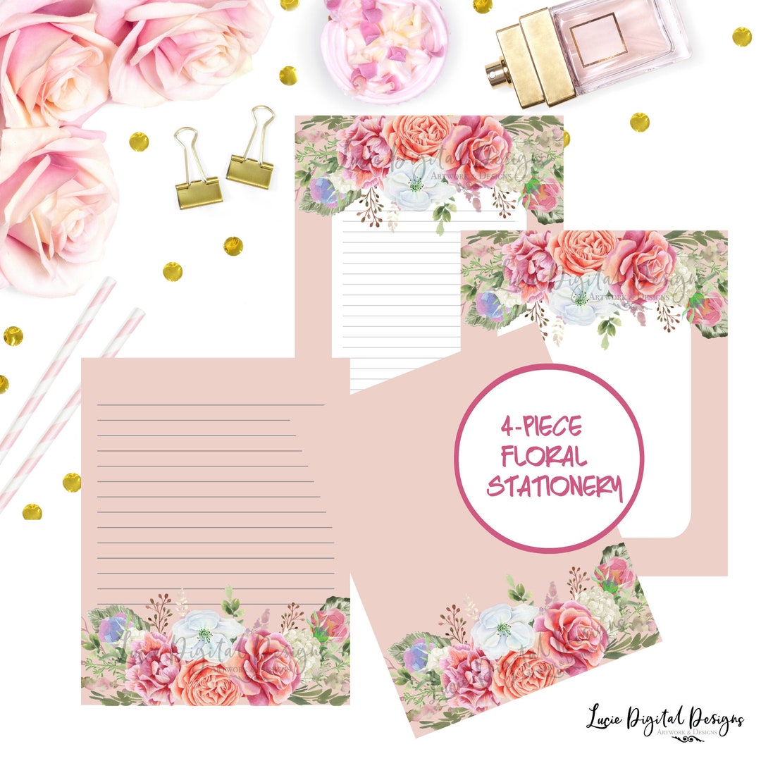 Watercolor Floral Stationery With Border, Blush, Pink, Printable ...